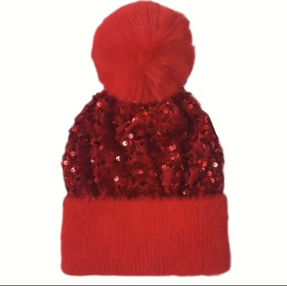 Accessories | Red Sequin Pom Pom Hat | Poshmark